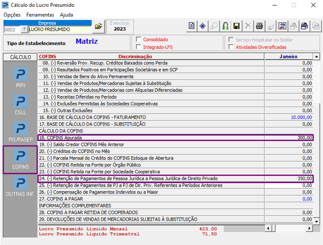 C606-Como é calculado a linha (-) Saldo Credor PISCOFINS mês anterior ...