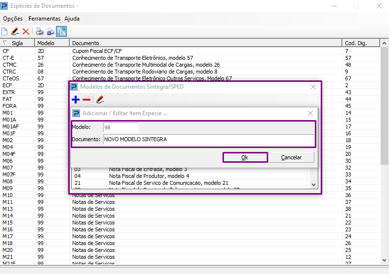F907-Como cadastrar um novo modelo sintegra na tabela de espécies de ...