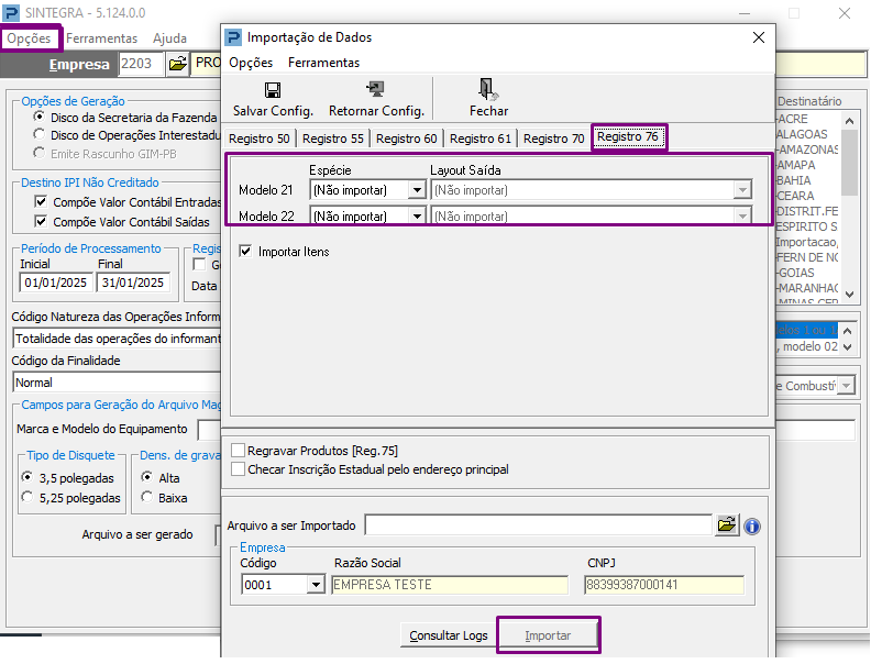 F1096 - Importação arquivo Sintegra modelo 21 e 22 - Base de ...