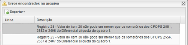 F1644 - DIME/SC - Registro 25 - Valor do item 20 ou 30 não pode ser menor que os somatórios dos ...