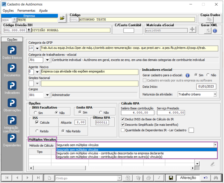 FP61 - Controle de Autônomos - Novos campos eSocial no cadastro de ...