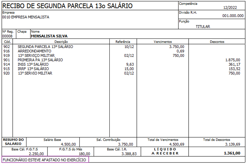 FP398 - 13º salário - Recibo de 13º salário para funcionários afastados ...