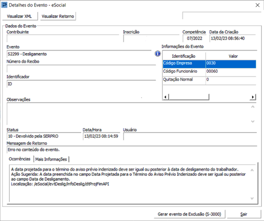 FP3048 - eSocial - Evento S-2299 sendo devolvido com erro “A data ...